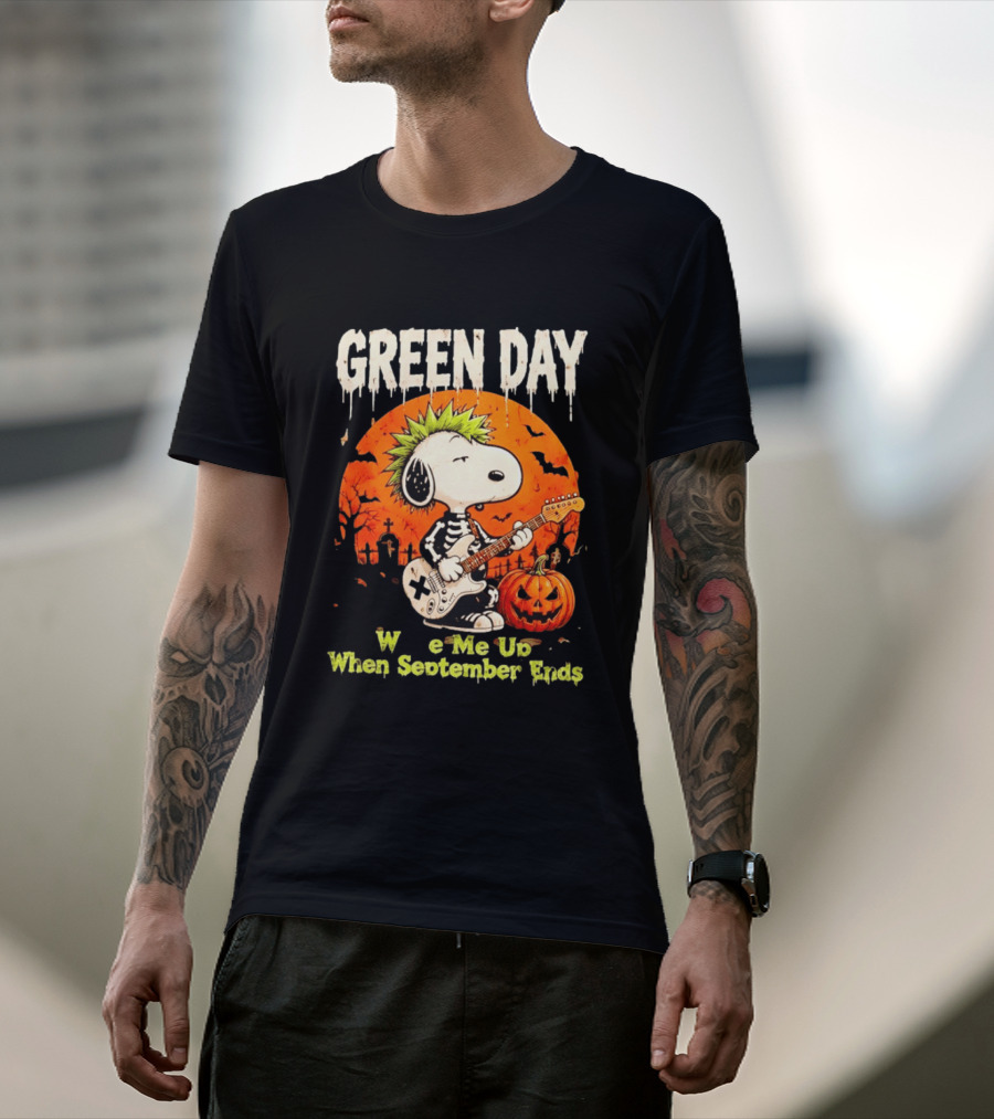 Green Day Snoopy Skeleton Guitar Wake Me Up When September Ends Halloween Pumpkin T-Shirt