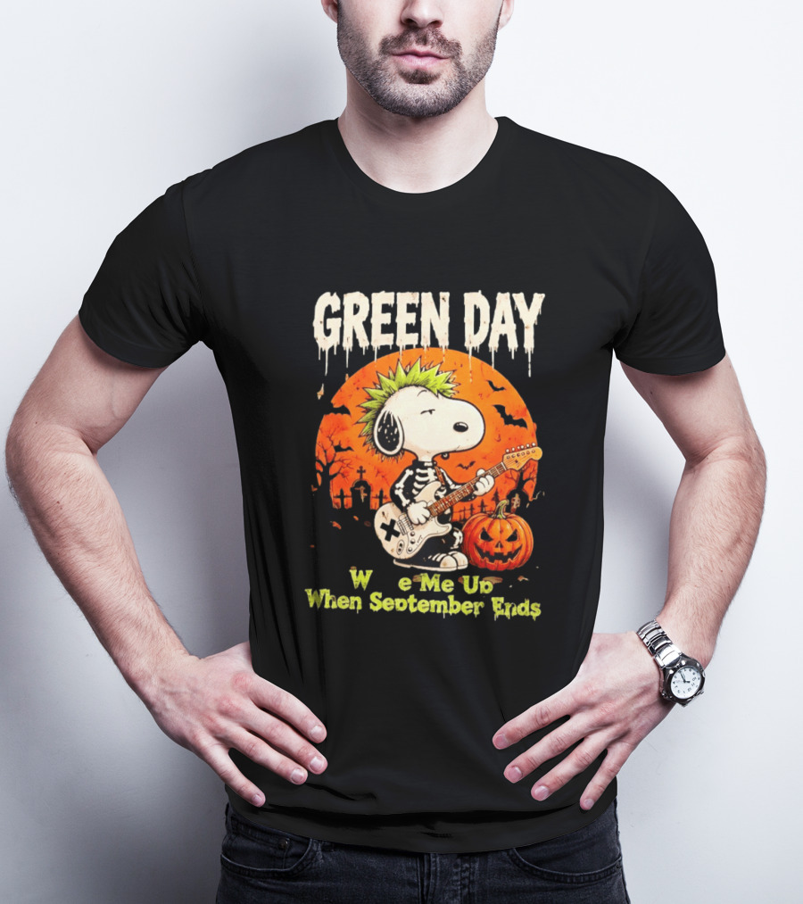Green Day Snoopy Skeleton Guitar Wake Me Up When September Ends Halloween Pumpkin T-Shirt