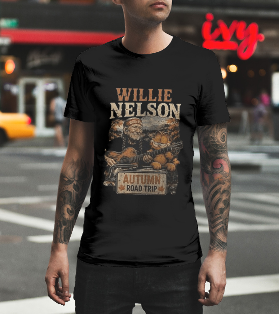 Willie Nelson Autumn Road Trip With Orange Cat T-Shirt