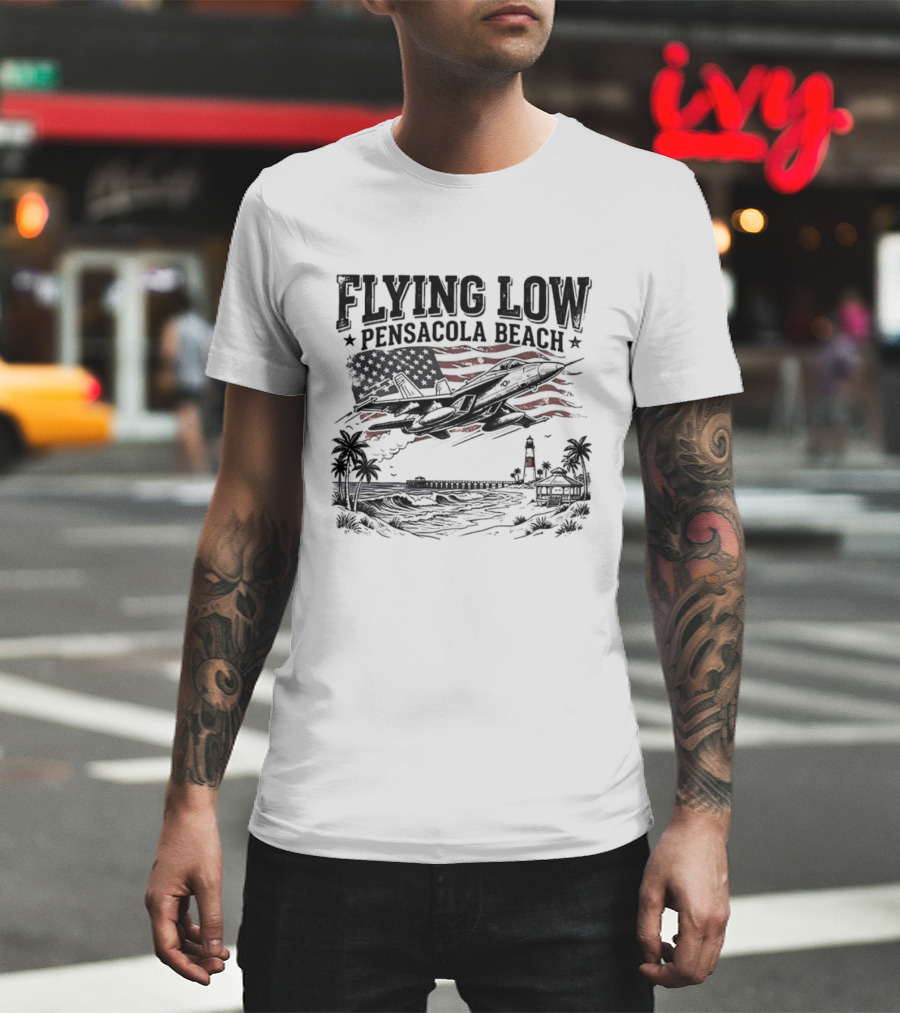 Flying Low Pensacola Beach American Flag Fighter Jet Scenic Beach View T-Shirt