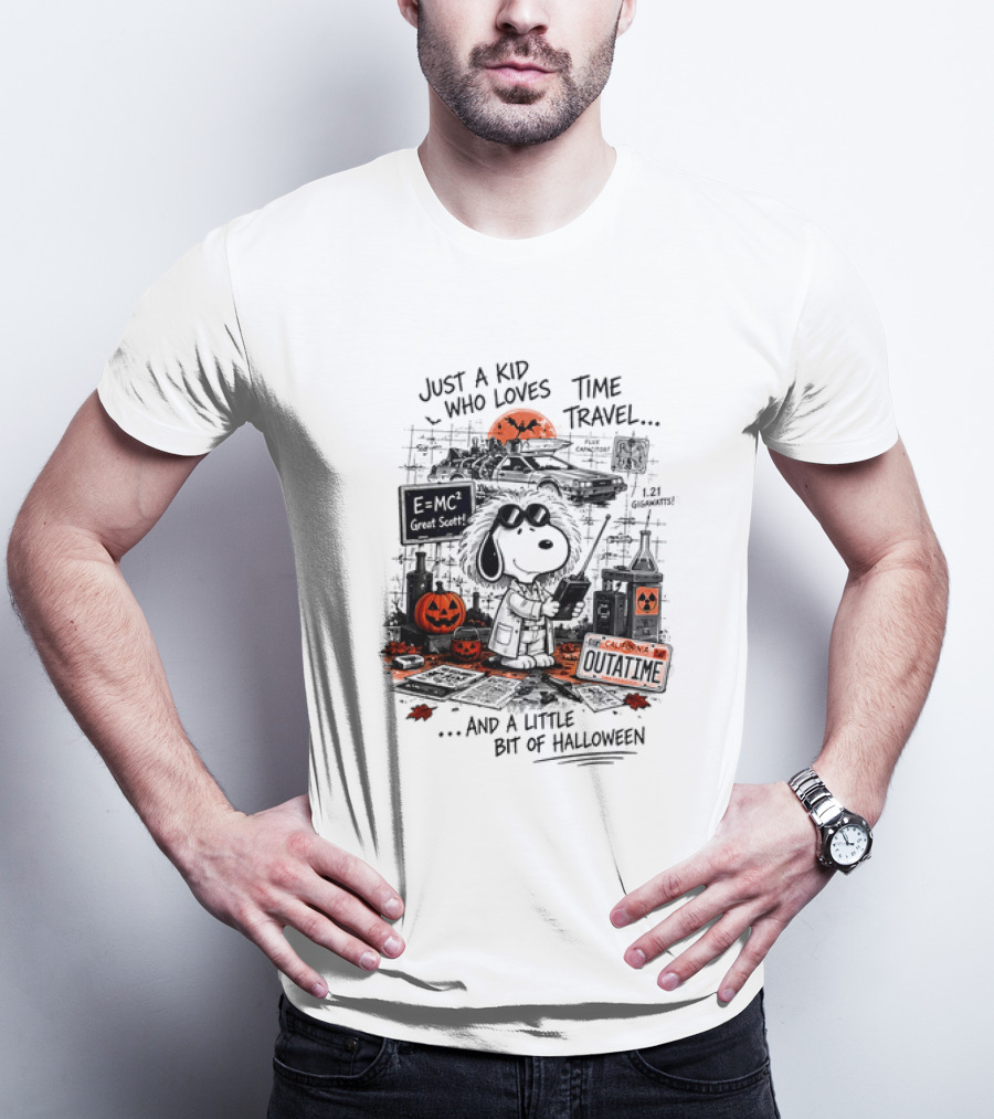 Snoopy Just A Kid Who Loves Time Travel Halloween Pumpkin Scene T-Shirt