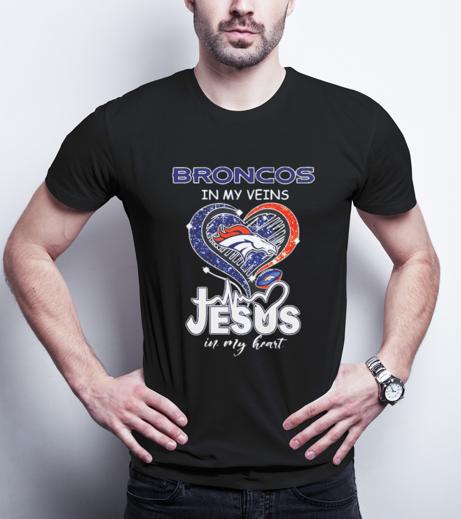 Denver Broncos In My Veins Heart Jesus In My Heart T-Shirt