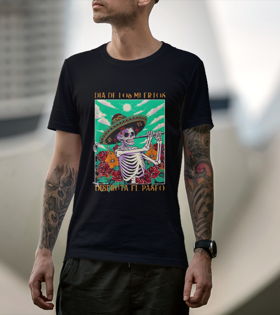 Calavera Golfer Día De Los Muertos Sombrero Flores Disfruta El Paseo T-Shirt