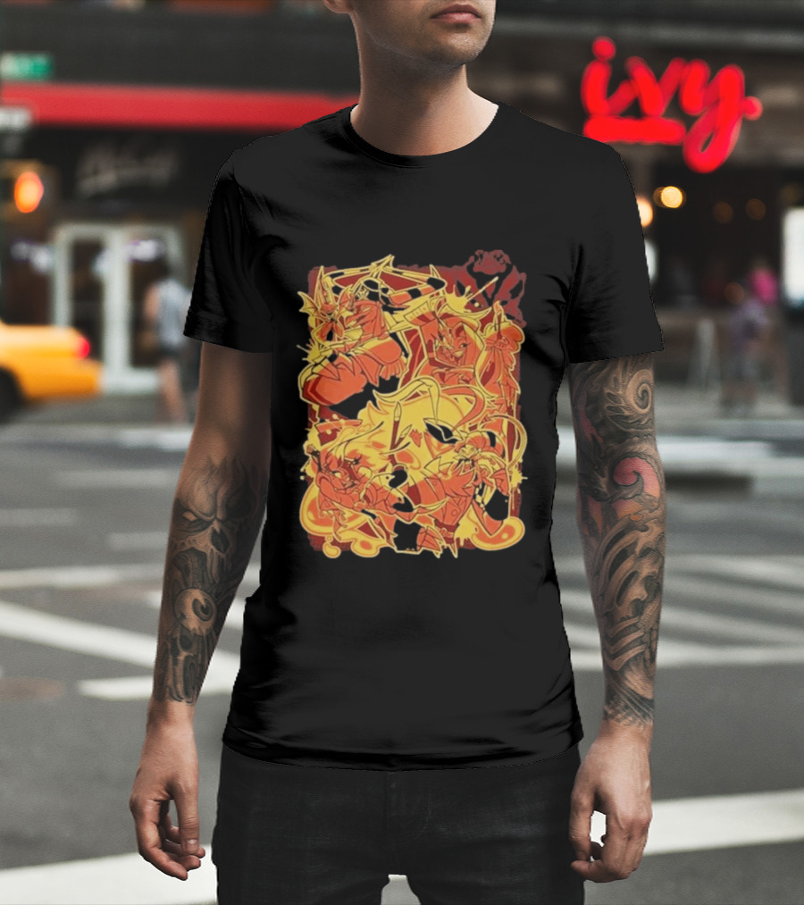 Helluva Boss Satan Characters In Fiery Yellow And Red T-Shirt