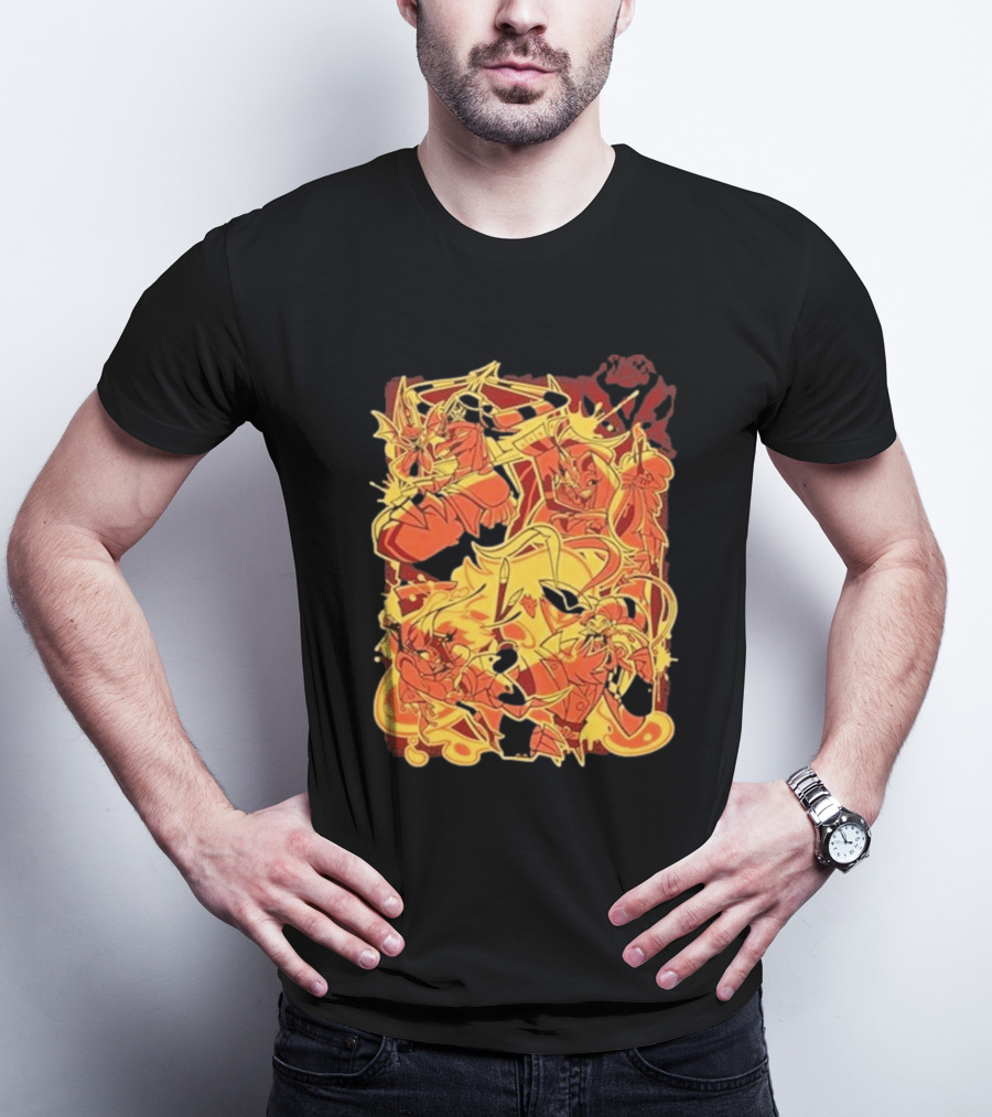 Helluva Boss Satan Characters In Fiery Yellow And Red T-Shirt