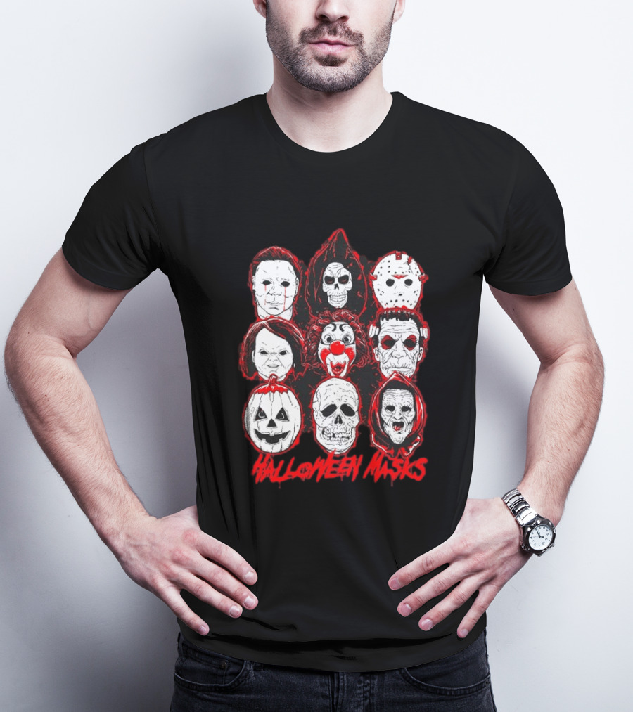 Horror Movie Characters Halloween Masks Skeleton Clown Jack O' Lantern T-Shirt