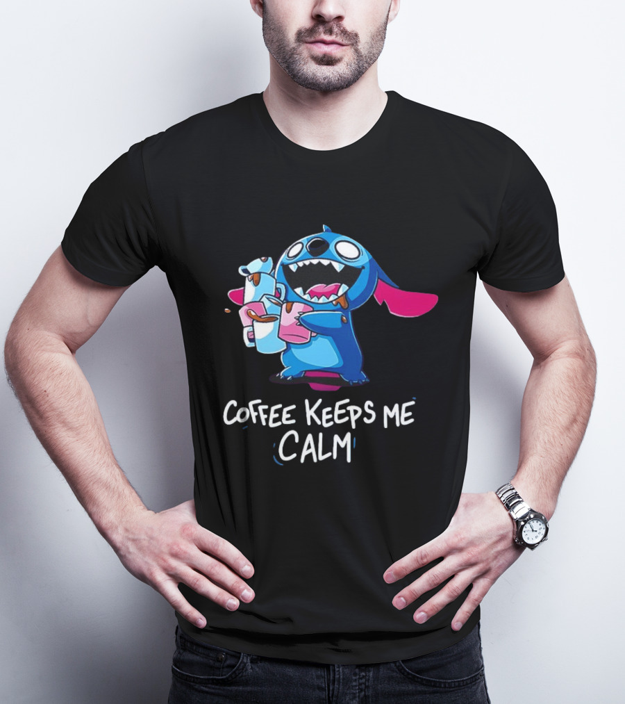 Stitch Coffee Keeps Me Calm Cute Character Drinking Coffee T-Shirt