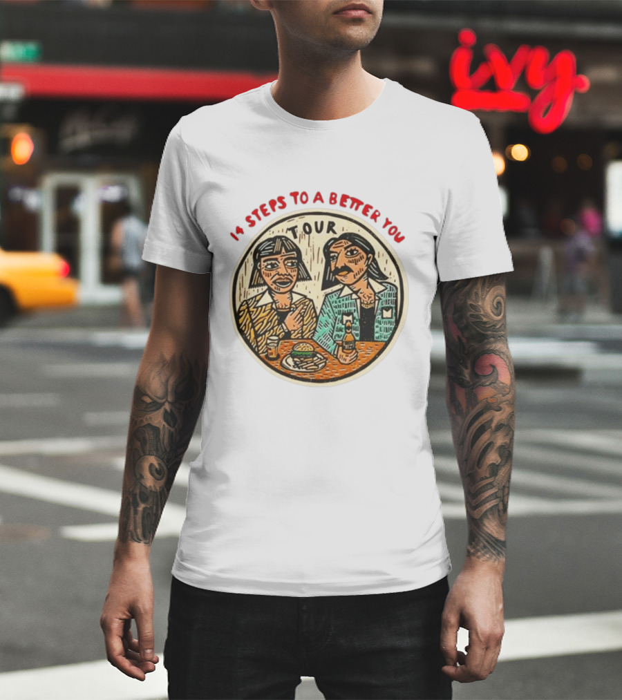 14 Steps To A Better You Tour Oval Illustration With Two Seated Individuals T-Shirt