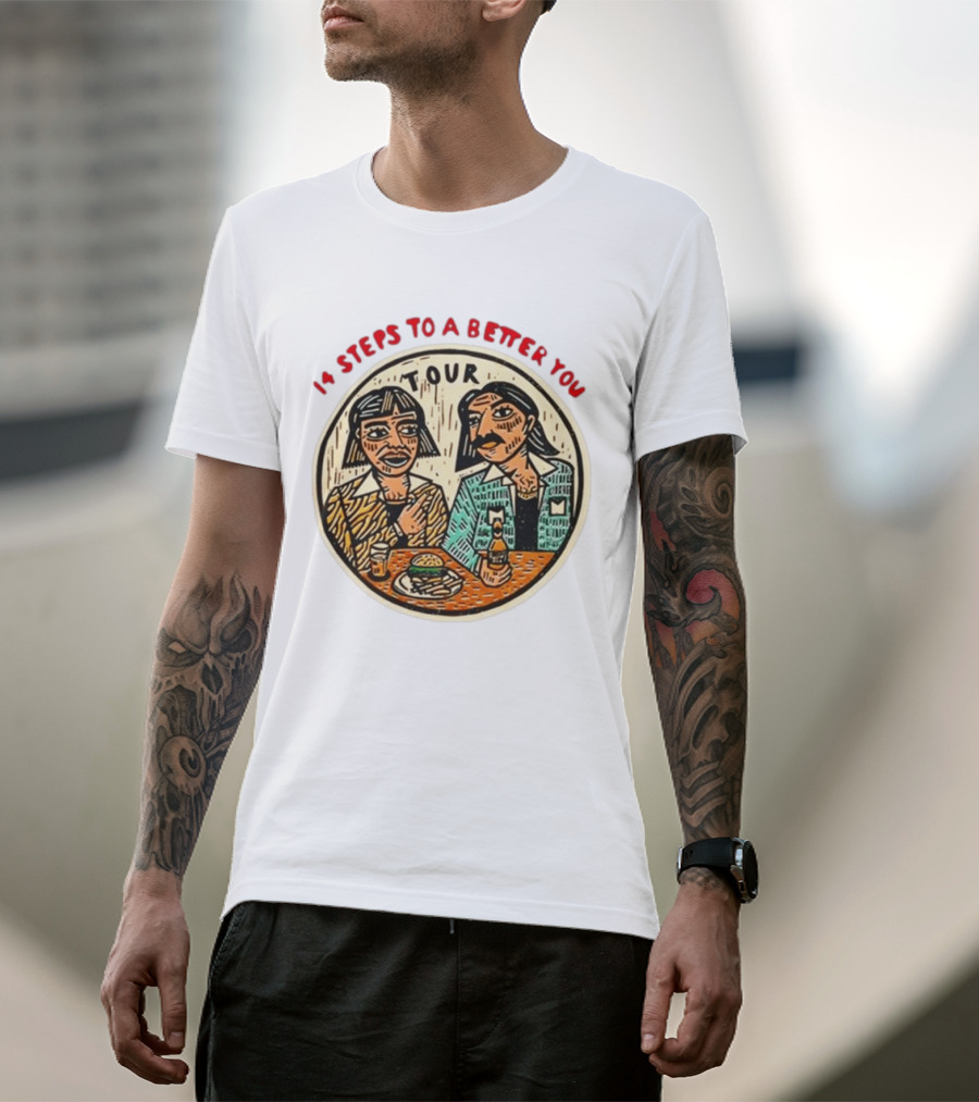 14 Steps To A Better You Tour Oval Illustration With Two Seated Individuals T-Shirt
