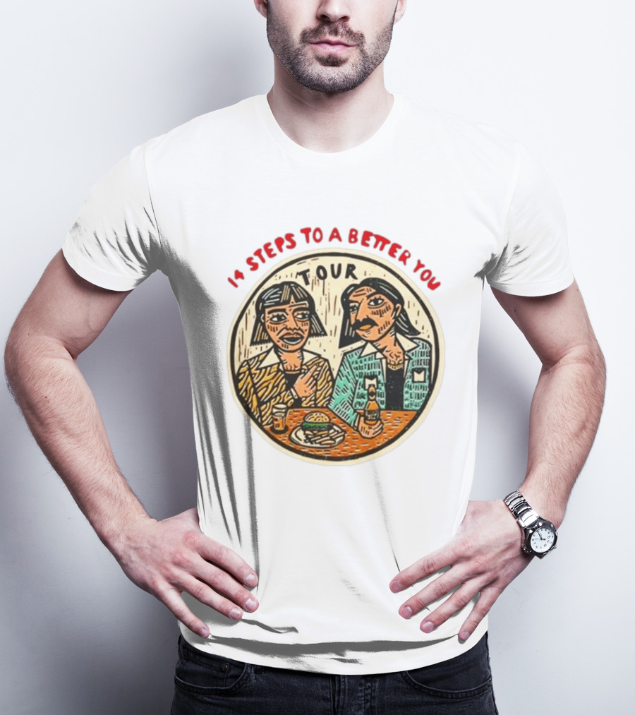 14 Steps To A Better You Tour Oval Illustration With Two Seated Individuals T-Shirt