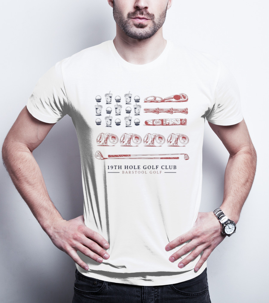 19th Hole Golf Club American Flag Bartool Golf T-Shirt