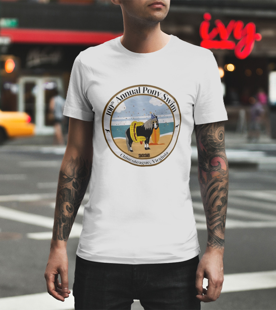 100th Annual Pony Swim Chincoteague Virginia 2025 Beach Scene With Pony And Surfboard T-Shirt