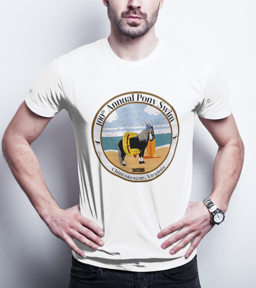 100th Annual Pony Swim Chincoteague Virginia 2025 Beach Scene With Pony And Surfboard T-Shirt