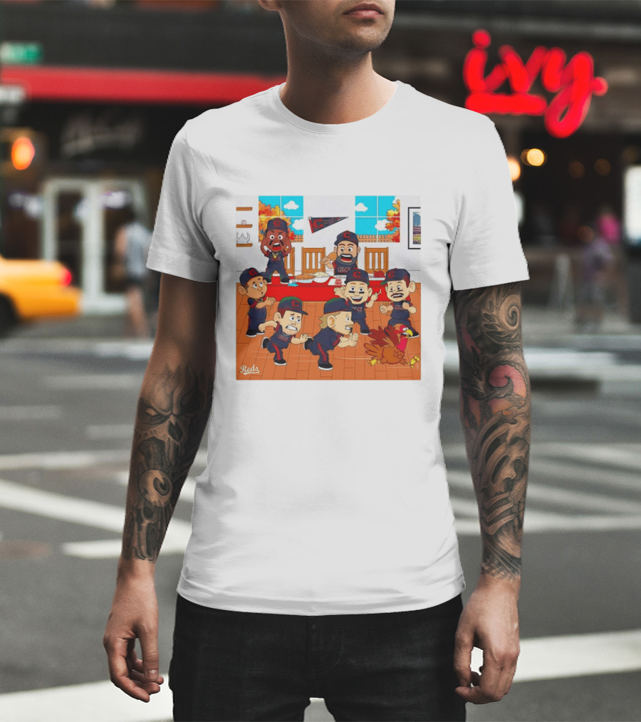Cincinnati Reds Thanksgiving Chaos Cartoon Scene With Characters And Turkey T-Shirt