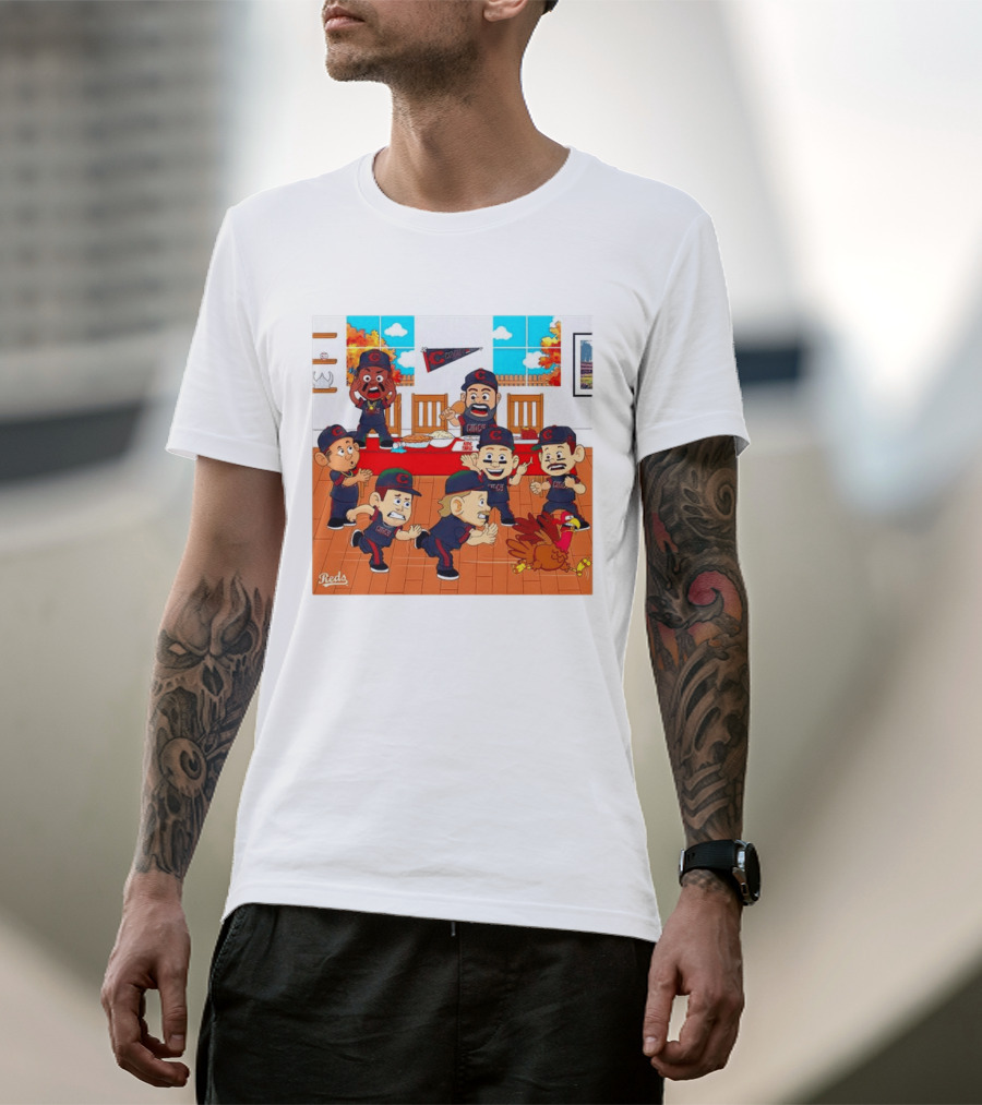Cincinnati Reds Thanksgiving Chaos Cartoon Scene With Characters And Turkey T-Shirt