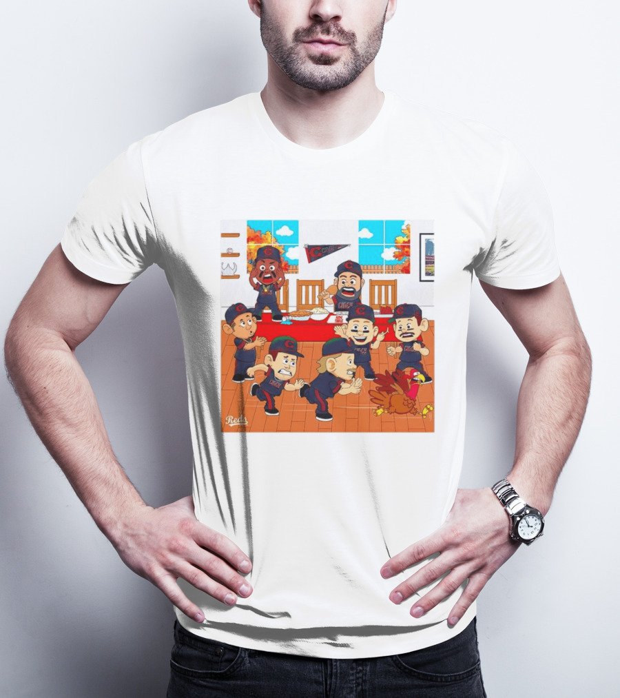 Cincinnati Reds Thanksgiving Chaos Cartoon Scene With Characters And Turkey T-Shirt