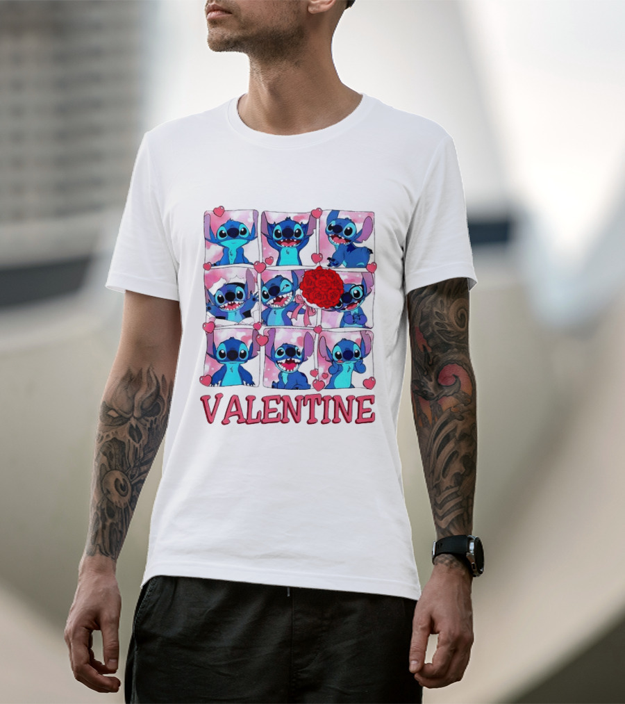 Disney Stitch Rose Flowers Valentine Love Hearts Happy Day T-Shirt