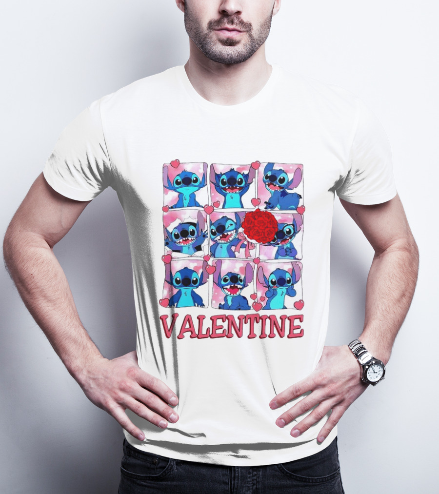 Disney Stitch Rose Flowers Valentine Love Hearts Happy Day T-Shirt