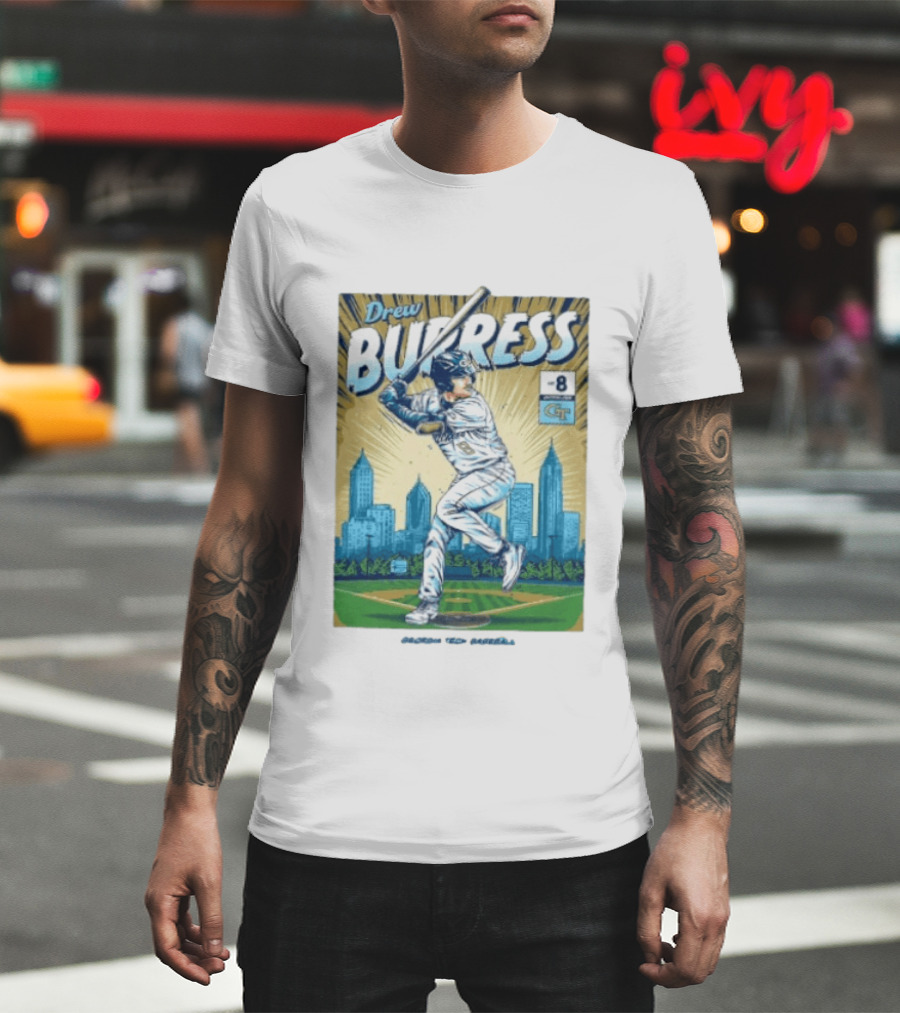 Drew Burress #8 Georgia Tech Baseball Comic Style Retro Cityscape T-Shirt