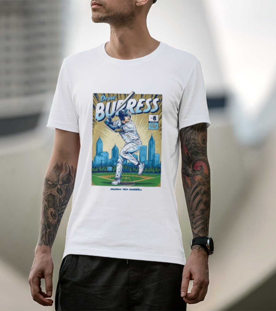 Drew Burress #8 Georgia Tech Baseball Comic Style Retro Cityscape T-Shirt