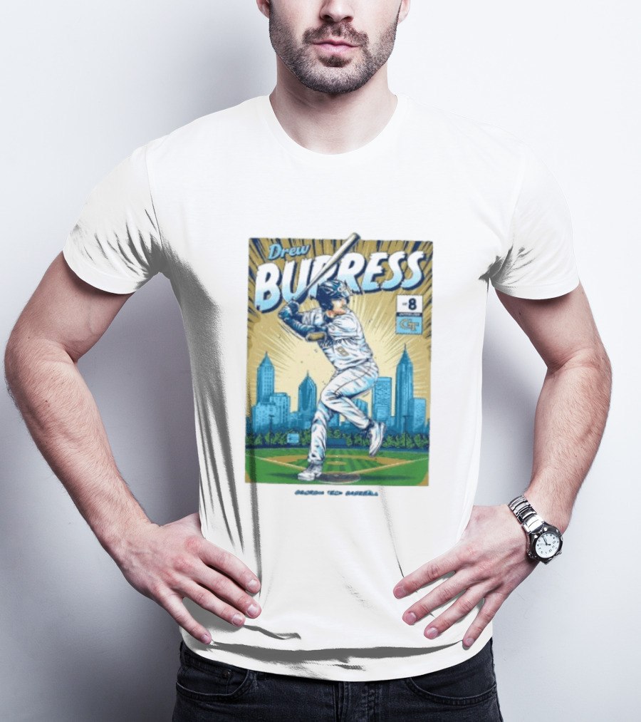 Drew Burress #8 Georgia Tech Baseball Comic Style Retro Cityscape T-Shirt