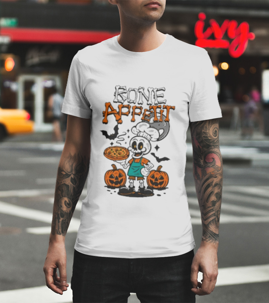 Bone Appetit Skeleton Chef Halloween Pizza Pumpkin Bats T-Shirt