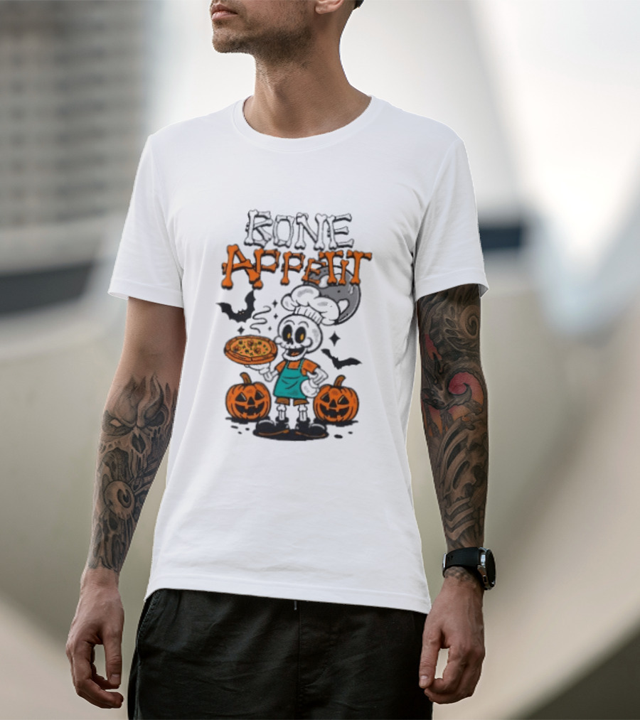 Bone Appetit Skeleton Chef Halloween Pizza Pumpkin Bats T-Shirt
