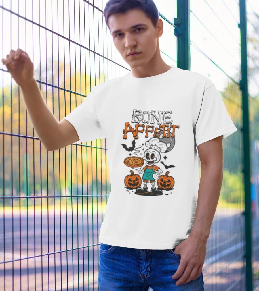 Bone Appetit Skeleton Chef Halloween Pizza Pumpkin Bats T-Shirt
