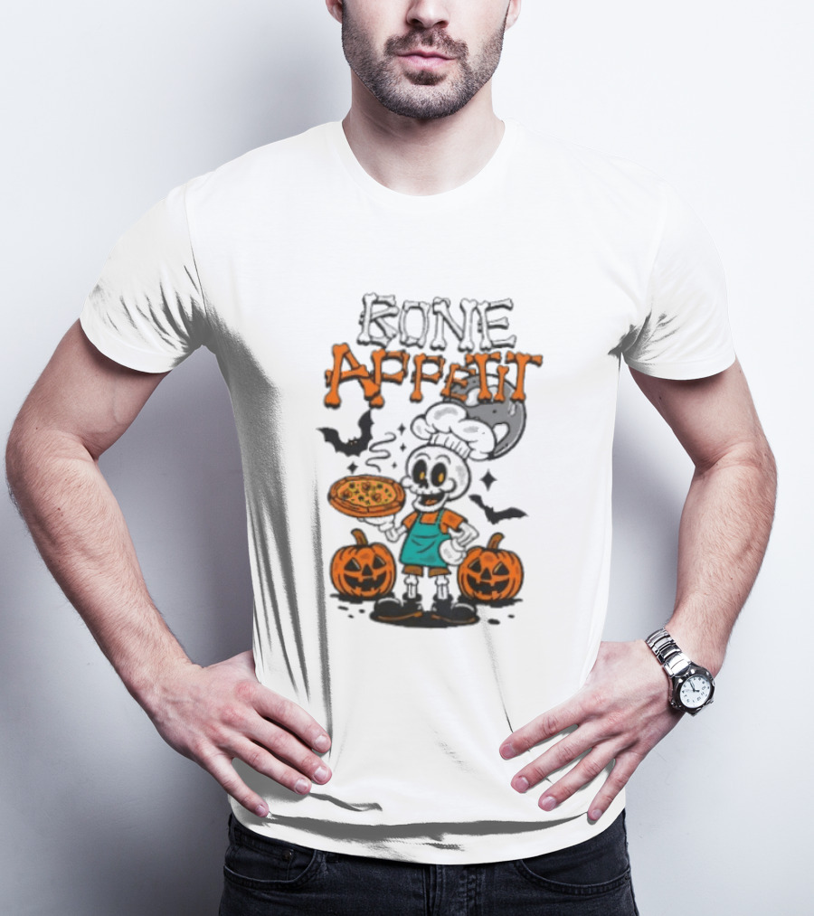 Bone Appetit Skeleton Chef Halloween Pizza Pumpkin Bats T-Shirt