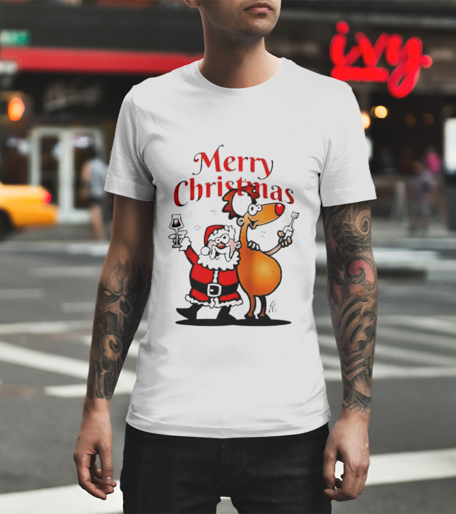 Merry Christmas Santa Claus And Reindeer Toast With Drinks T-Shirt
