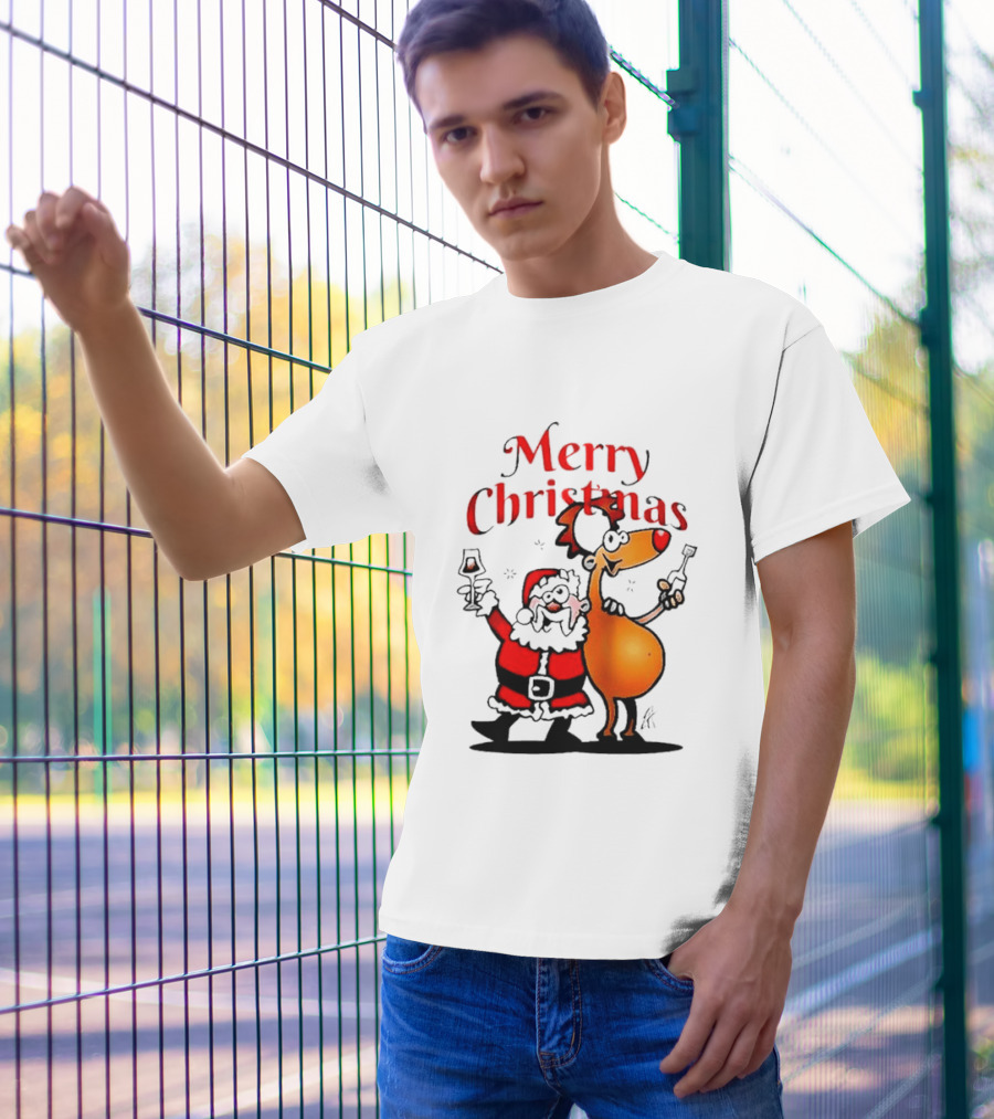 Merry Christmas Santa Claus And Reindeer Toast With Drinks T-Shirt