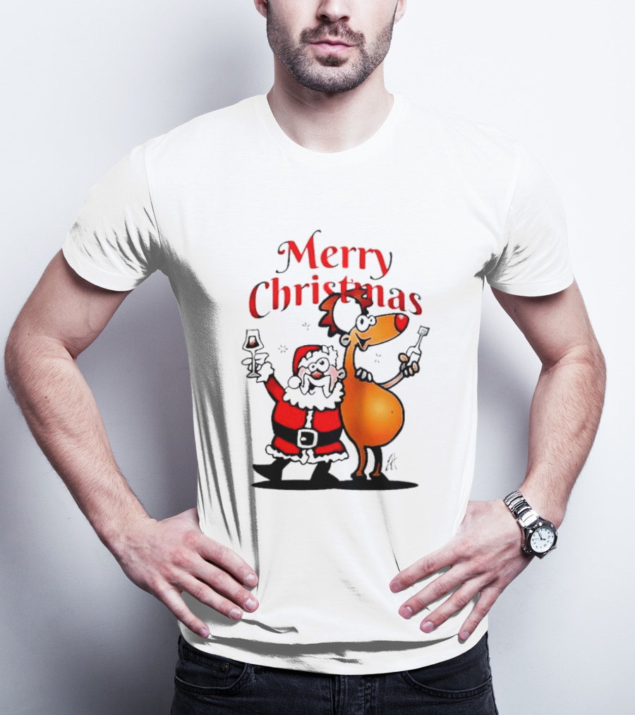 Merry Christmas Santa Claus And Reindeer Toast With Drinks T-Shirt
