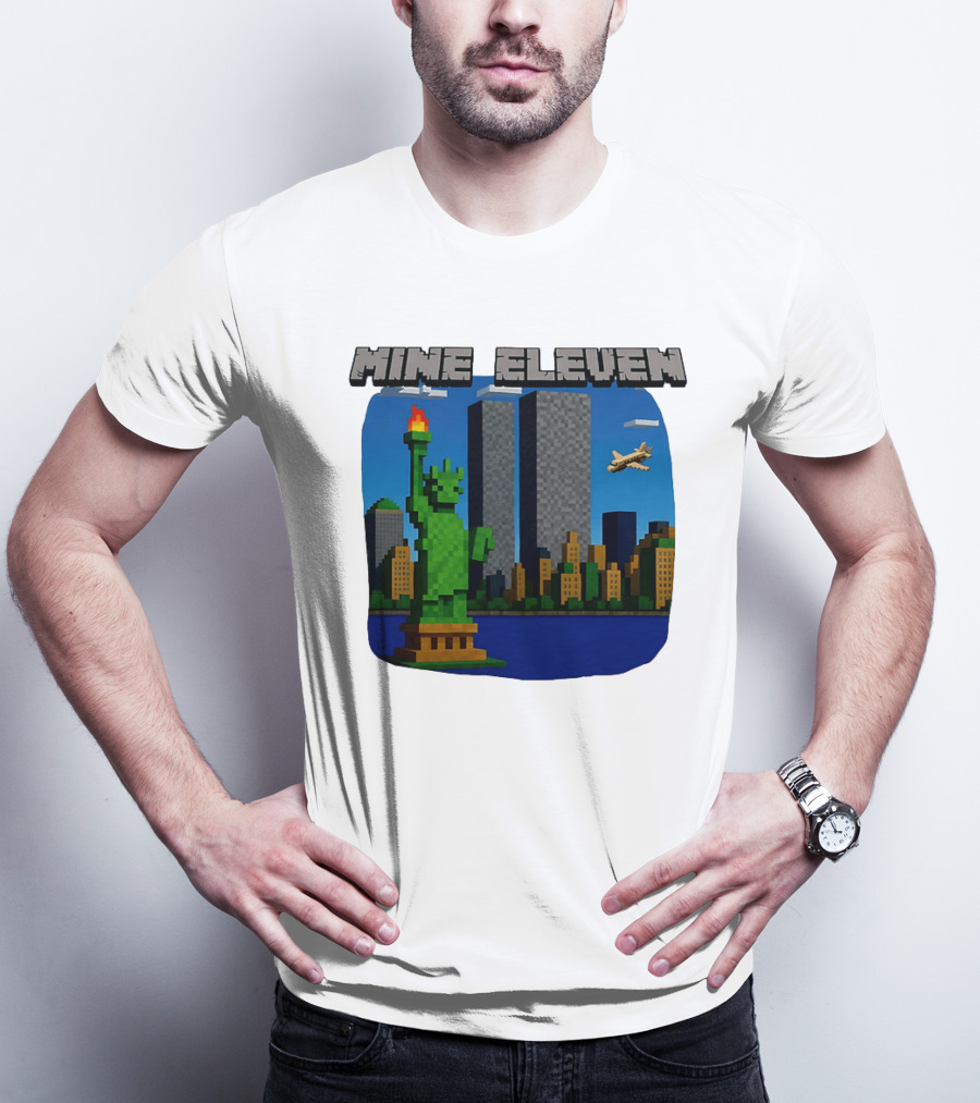 Mine Eleven Pixel City Statue Vector World Twin Towers Scene T-Shirt