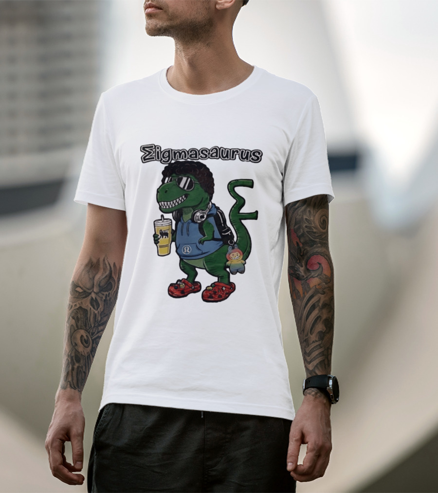Sigmasaurus Rex Dinosaur Meme With Afro Sunglasses Headphones And Drink T-Shirt