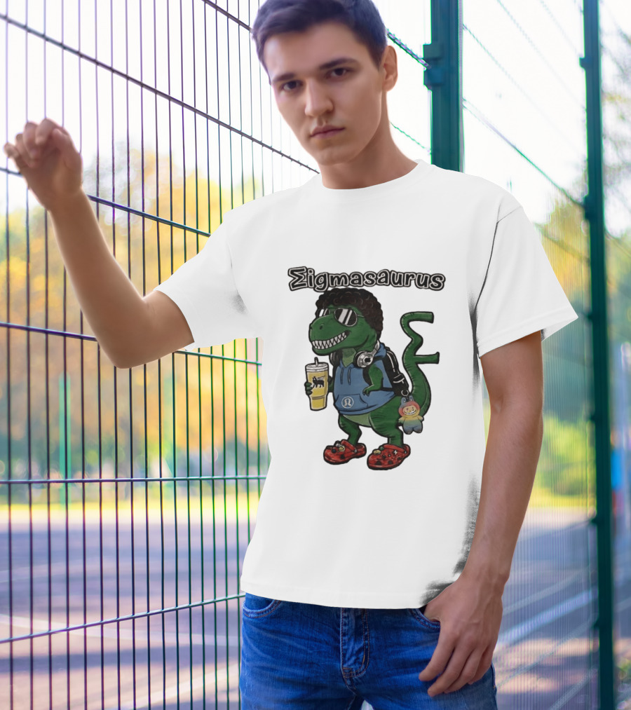 Sigmasaurus Rex Dinosaur Meme With Afro Sunglasses Headphones And Drink T-Shirt
