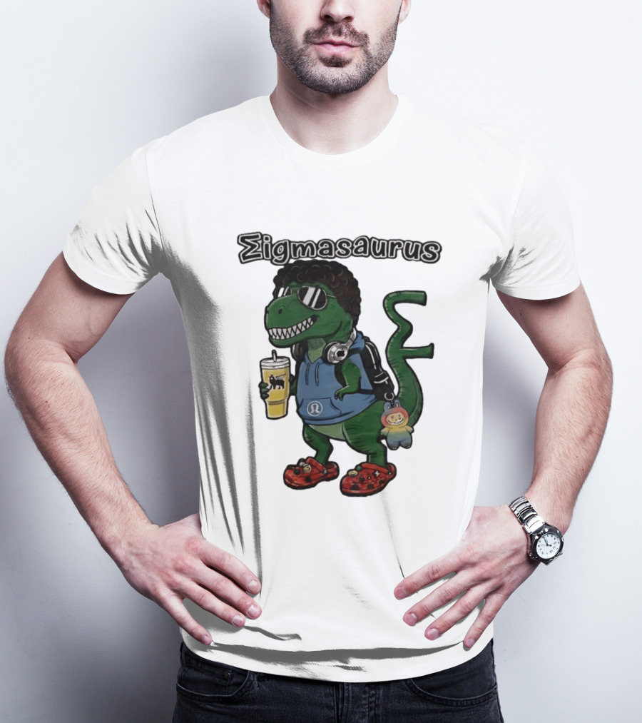 Sigmasaurus Rex Dinosaur Meme With Afro Sunglasses Headphones And Drink T-Shirt