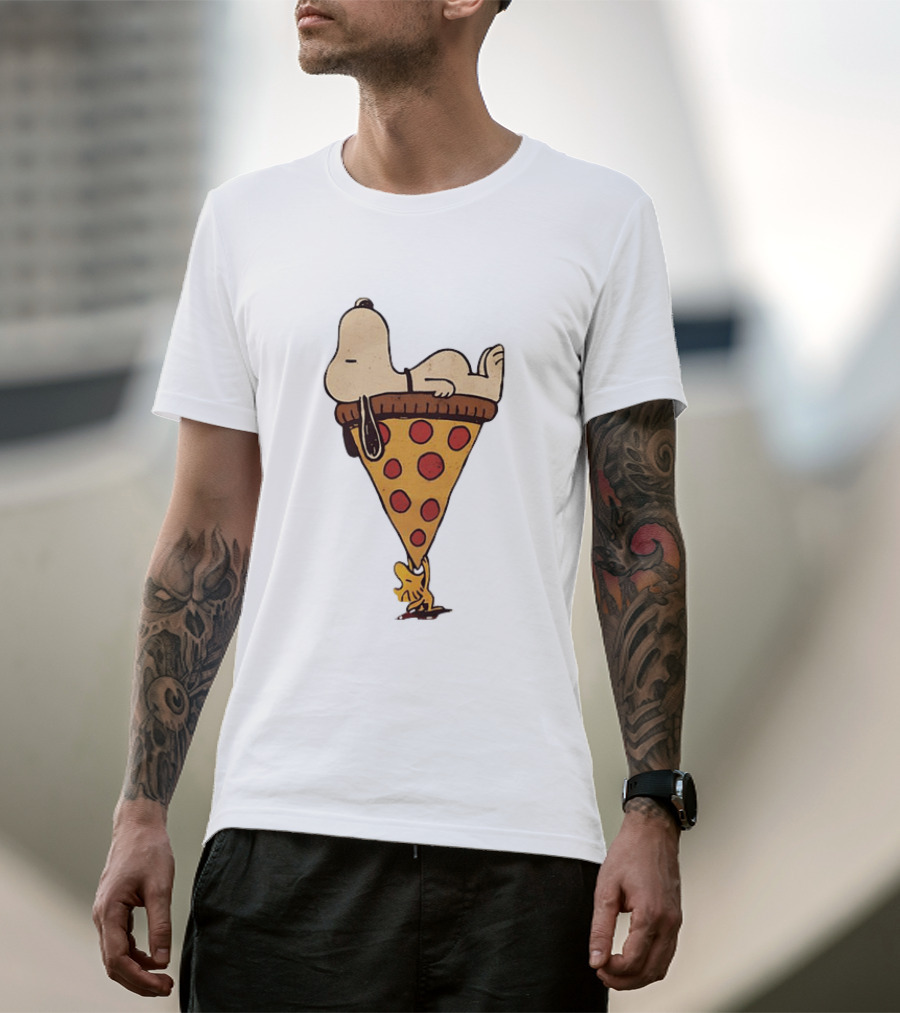 Snoopy Relaxing On Giant Pizza Slice With Woodstock Peanuts Collection T-Shirt