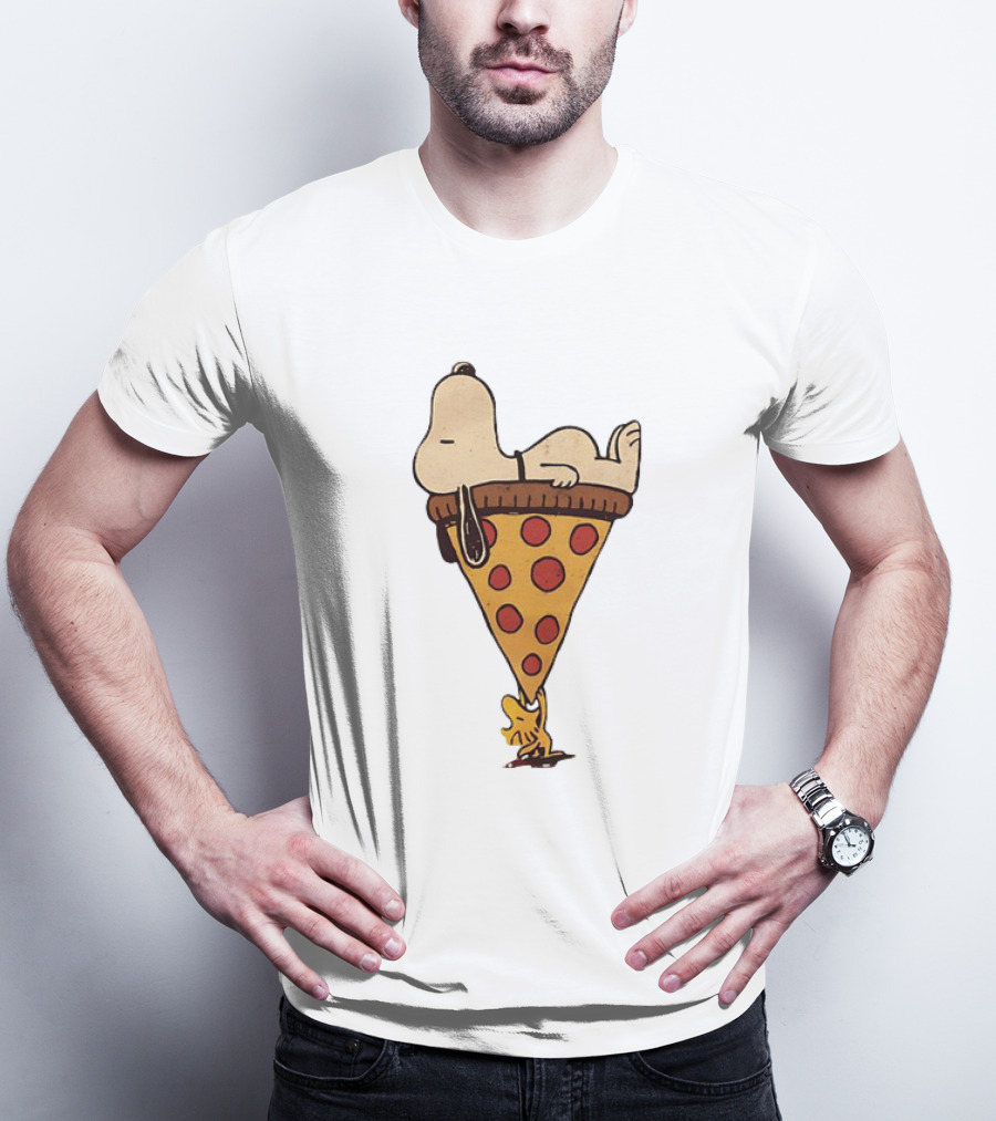 Snoopy Relaxing On Giant Pizza Slice With Woodstock Peanuts Collection T-Shirt