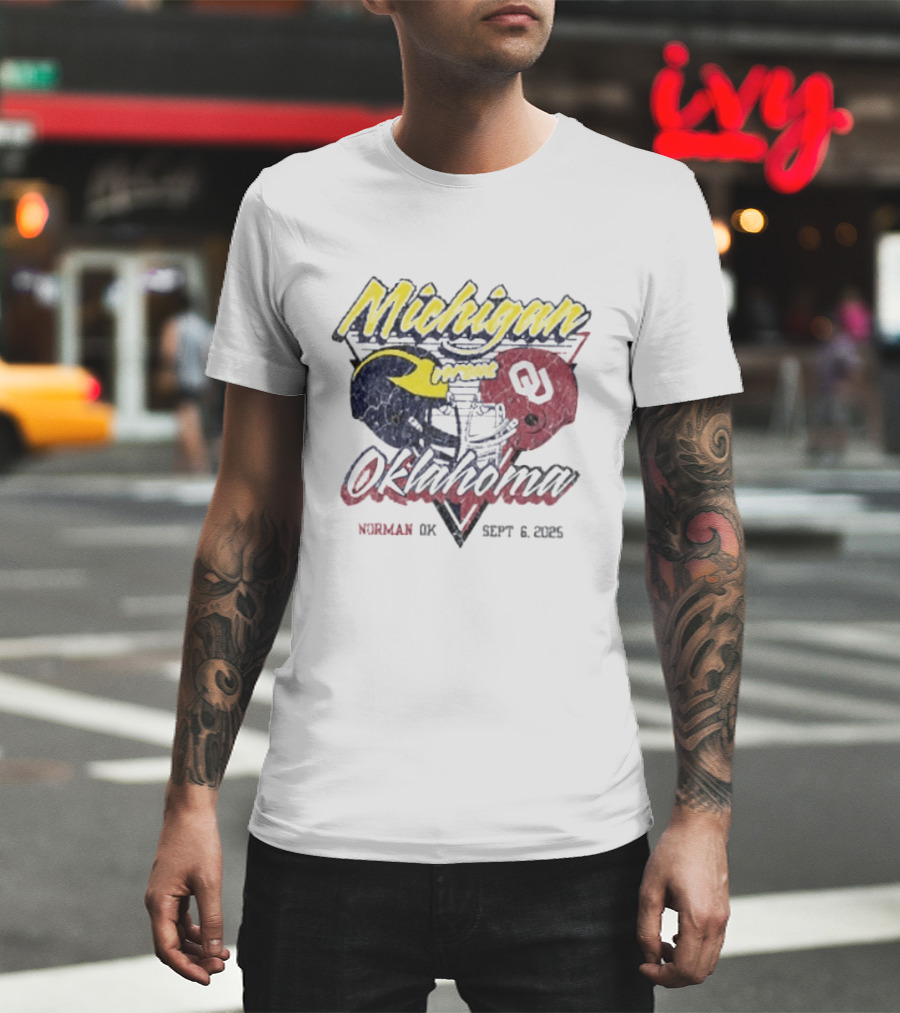 Oklahoma Sooners Vs Michigan Wolverines Football Helmet Norman OK September 6 2025 T-Shirt