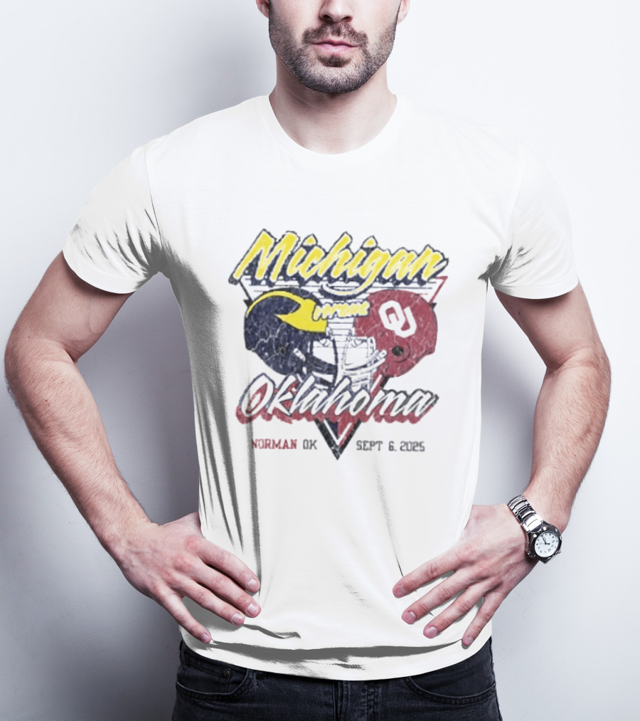 Oklahoma Sooners Vs Michigan Wolverines Football Helmet Norman OK September 6 2025 T-Shirt