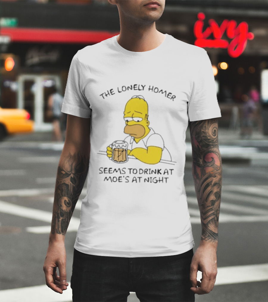 The Lonely Homer Drinking At Moe's Tavern Mood Nighttime Scene T-Shirt