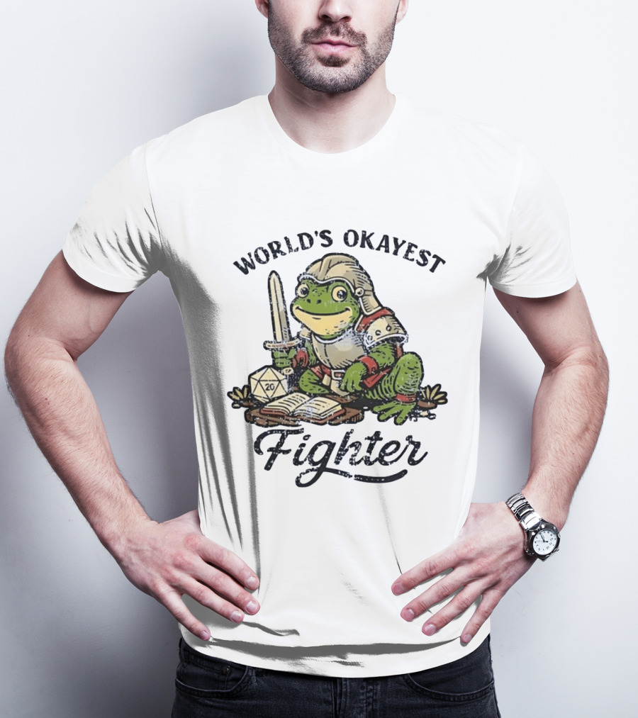 World's Okayest Fighter Frog In Armor With D20 Dice And Sword T-Shirt
