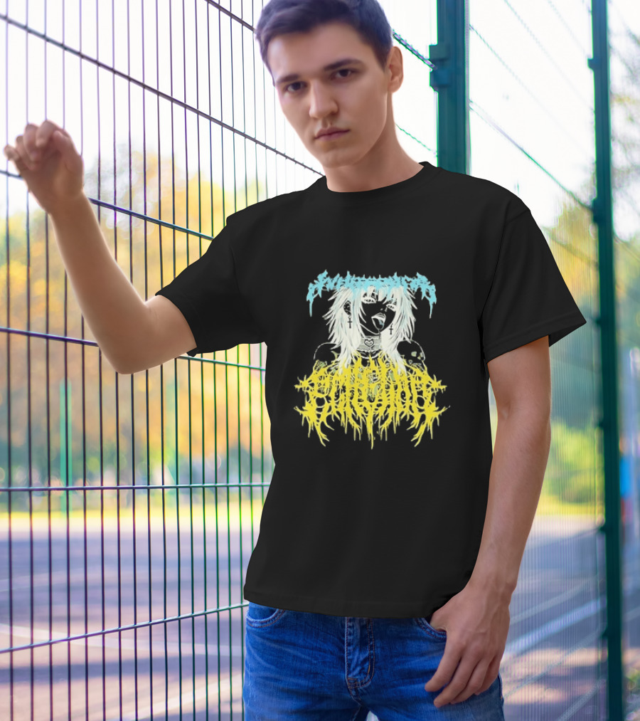 Anime Girl Emo Goth Aesthetic Crybaby Hardcore Chained Heart Cross Earrings T-Shirt