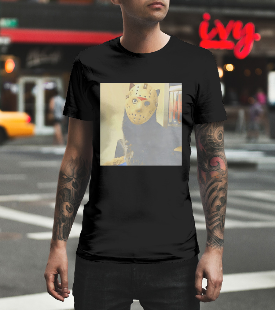 Black Cat In Horror Movie Jason Voorhees Mask T-Shirt