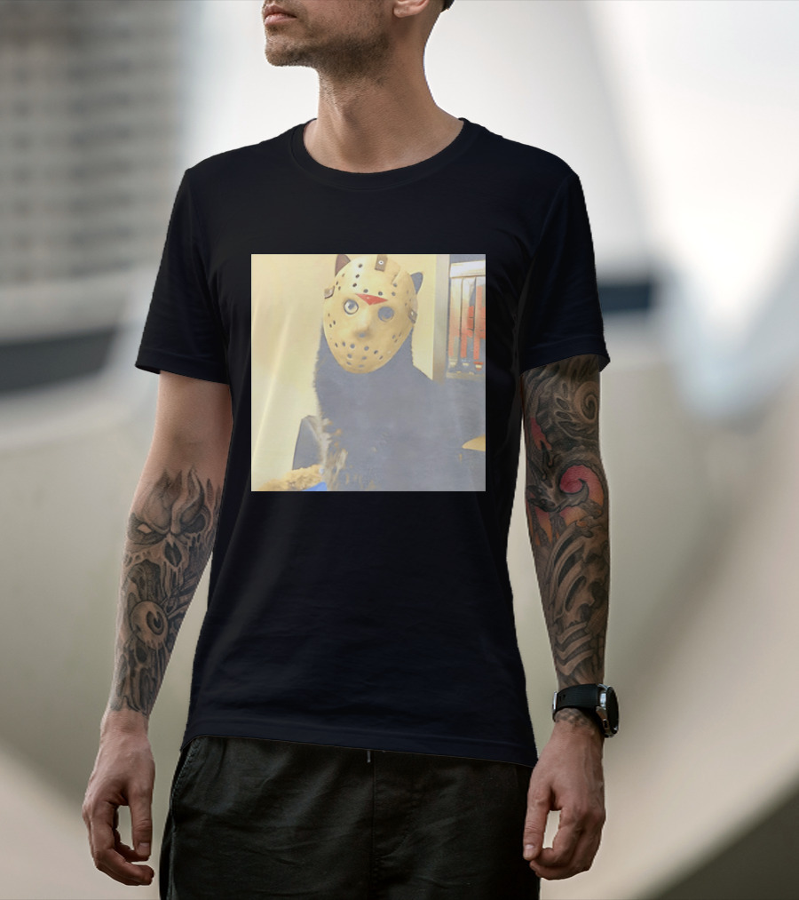 Black Cat In Horror Movie Jason Voorhees Mask T-Shirt