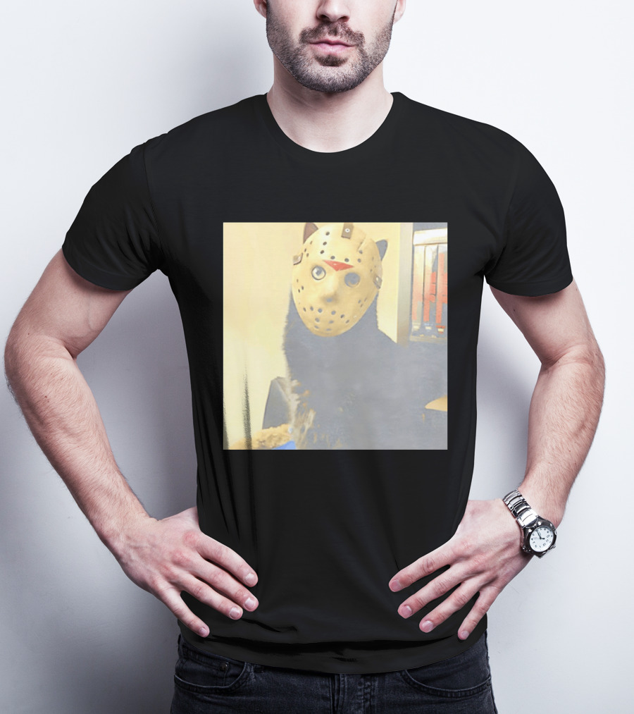 Black Cat In Horror Movie Jason Voorhees Mask T-Shirt