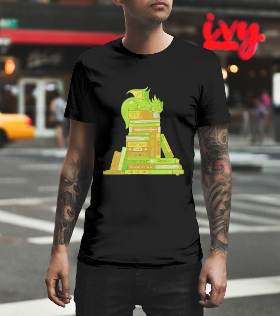 Sleeping Dragon On RPG Fantasy Magic Book Stack Grimoire Wizardry Tales T-Shirt