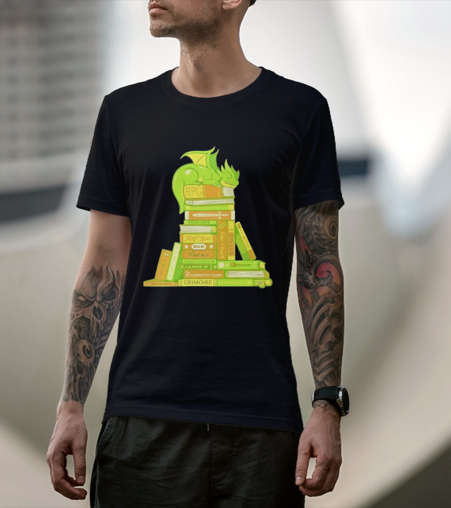 Sleeping Dragon On RPG Fantasy Magic Book Stack Grimoire Wizardry Tales T-Shirt