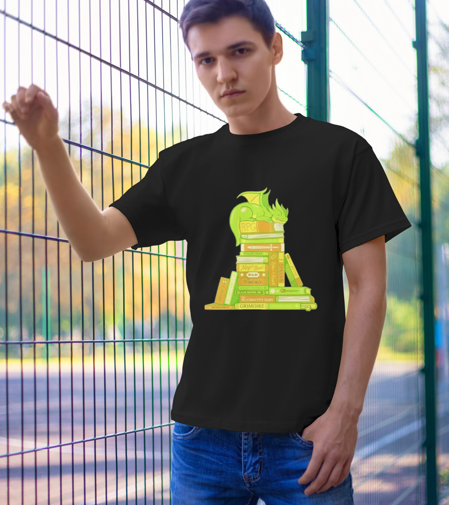 Sleeping Dragon On RPG Fantasy Magic Book Stack Grimoire Wizardry Tales T-Shirt
