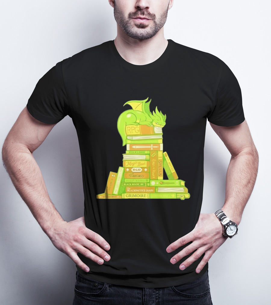Sleeping Dragon On RPG Fantasy Magic Book Stack Grimoire Wizardry Tales T-Shirt